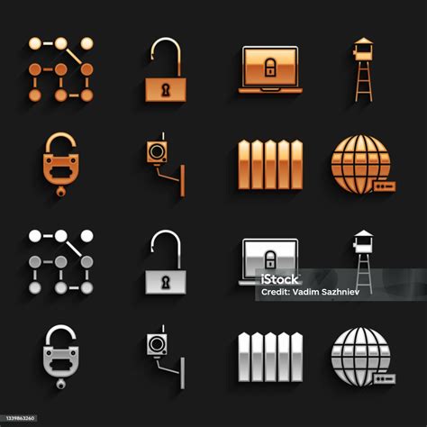 보안 카메라 시계 탑 소셜 네트워크 정원 울타리 나무 잠금 및 키 노트북 잠금 그래픽 암호 보호 및 오픈 자물쇠 아이콘을 설정합니다 벡터 개념에 대한 스톡 벡터 아트 및