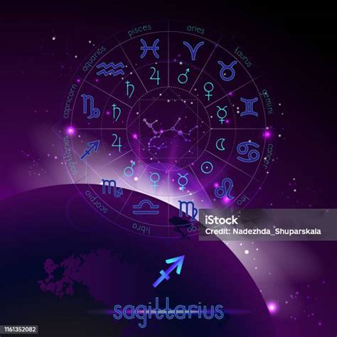 공간 배경에 대한 점성술 그림과 기호와 별자리 Sagittarius와 별자리 원의 벡터 그림 점성술 기호에 대한 스톡 벡터 아트