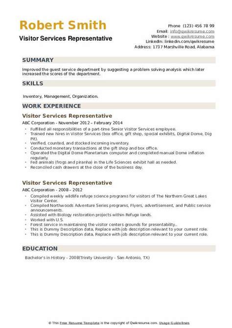 visitor services representative resume samples qwikresume