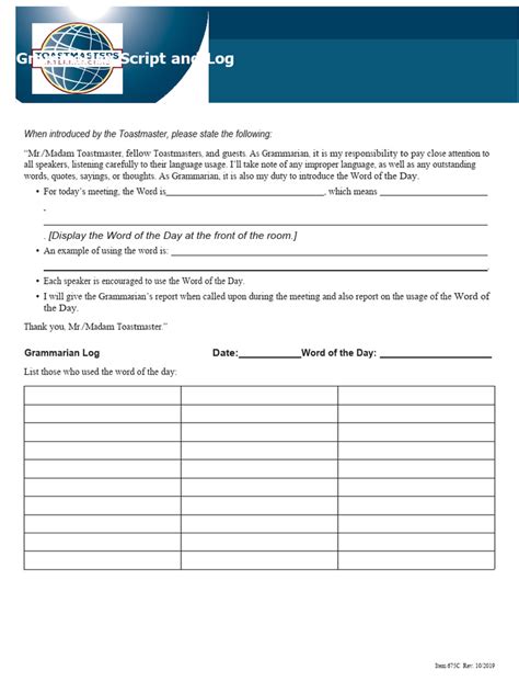 Toastmasters 675c Grammarian Script And Log A4 Pdf