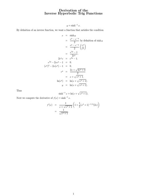 Derivation Of The Inverse Hyperbolic Trig Functions Y Sinh X Pdf Combinatorics Elementary