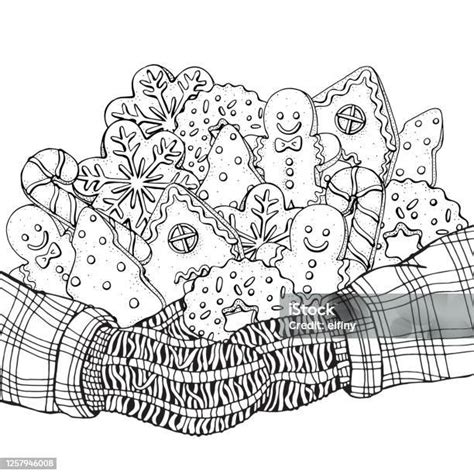 크리스마스 진저 브레드 쿠키 휴일 베이킹 벡터에 손으로 그린 장식 요소와 겨울 패턴 성인을위한 색칠 공부 페이지 흑백 0명에 대한 스톡 벡터 아트 및 기타 이미지 Istock