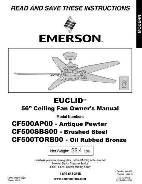 Emerson Euclid Cf500sbs00 Instructions Manual Pdf Download Manualslib