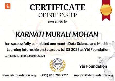 Datascience Machinelearning Internship Ybifoundation Achievement
