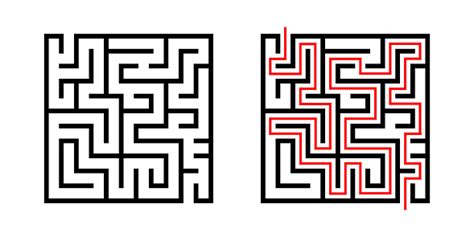 아이 들을 위한 교육 로직 게임 미로 올바른 방법을 찾으십시오 흰색 바탕에 고립 된 간단한 사각 미로 블랙 라인 벡터 일러스트입니다 개념에 대한 스톡 벡터 아트 및 기타