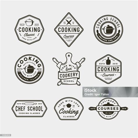 빈티지 요리 클래스 기호 집합입니다 레트로 스타일의 요리 학교 엠 블 럼 벡터 일러스트 로고에 대한 스톡 벡터 아트 및 기타 이미지 로고 음식 델리카트슨 Istock