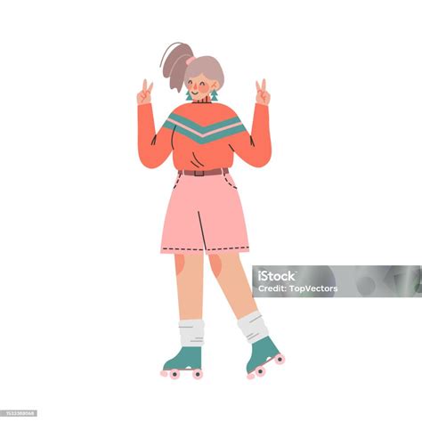 80년대 패션 스타일의 옷과 헤어스타일을 입은 행복한 십대 소녀가 승리의 표시를 하고 있다 복고풍 스타일의 패션 의상 만화 벡터 일러스트레이션을 입은 젊은 여성 길이에 대한