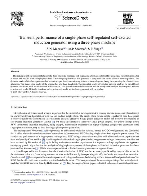 Pdf Transient Analysis Of A Single Phase Self Excited Induction Generator Using A Three Phase
