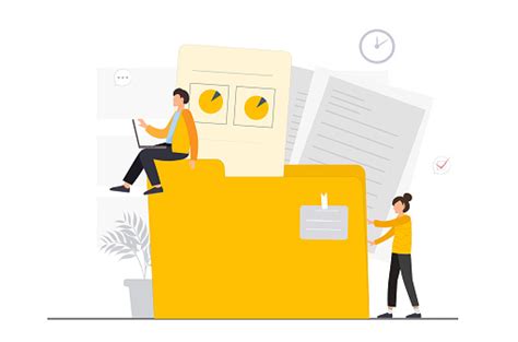 폴더에 문서를 넣는 사람들 디지털 데이터 스토리지 네트워크 워크 플로우 개념 온라인 파일 교환 시스템 플랫 벡터 일러스트 레이