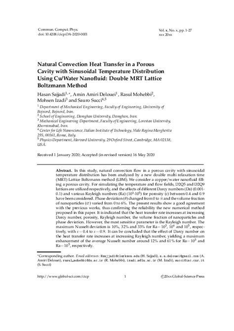Pdf Natural Convection Heat Transfer In A Porous Cavity With Sinusoidal Temperature