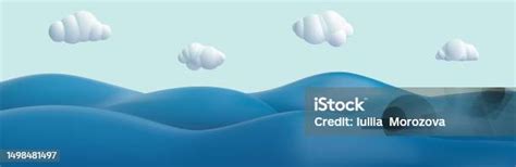 3d 현실적인 만화 푸른 물 파도 하루 배경에 흰 구름이 있습니다 바다 바다 또는 강 표면 미니멀한 자연의 귀여운 구성 벡터 아트 그림입니다 파란색에 대한 스톡 벡터 아트