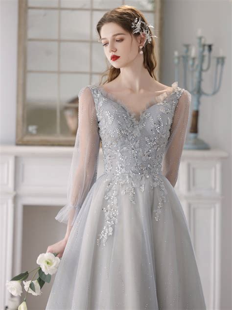 Light Grey Tulle V Neckline Beaded Long Party Dress Grey Tulle Prom D