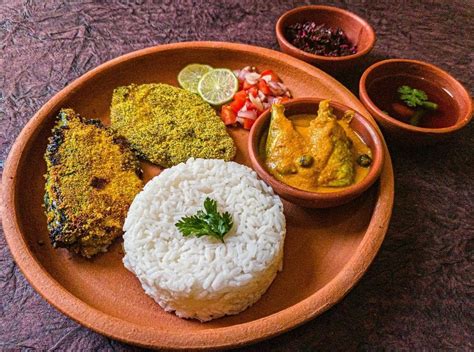 Goan Homemade Fish Thali With Rice And Mackerel Curry