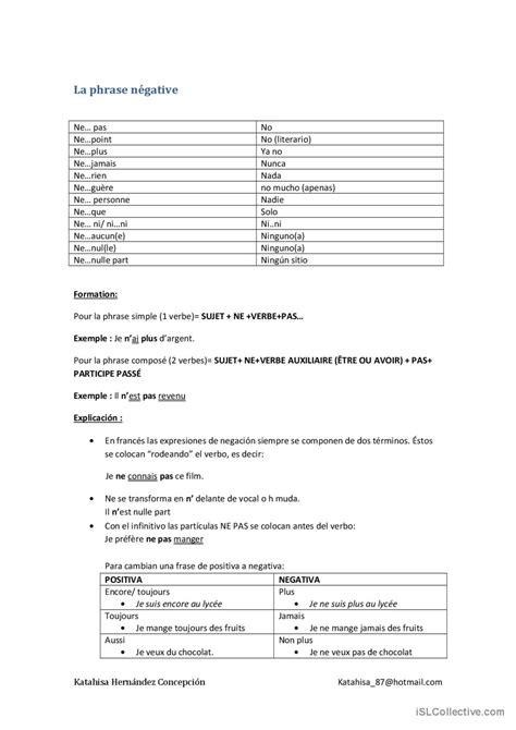 la négation guide de grammaire english esl worksheets pdf and doc