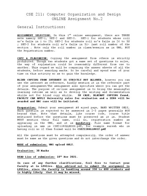 Cse 211 Computer Organization And Design Online Assignment No2 General Instructions Pdf