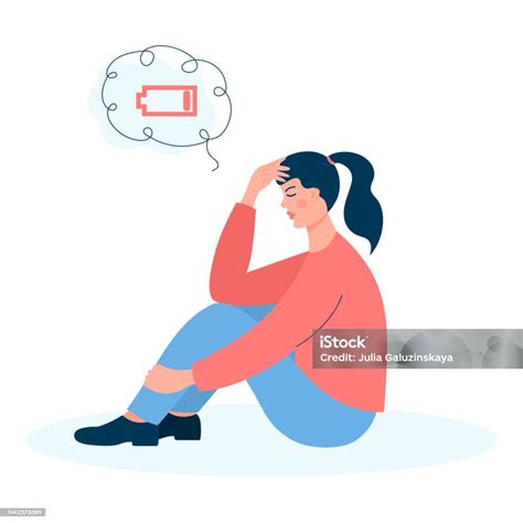 피곤한 여자는 생각에 배터리가 부족하여 앉아 있습니다 정서적 소진 정신 장애 정신 건강 문제 피로 스트레스 위기 소진 증후군