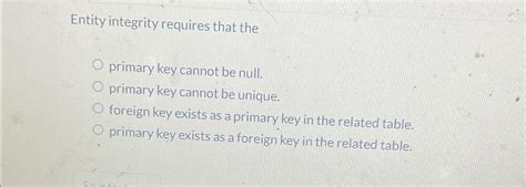 Solved Entity Integrity Requires That Theprimary Key Cannot