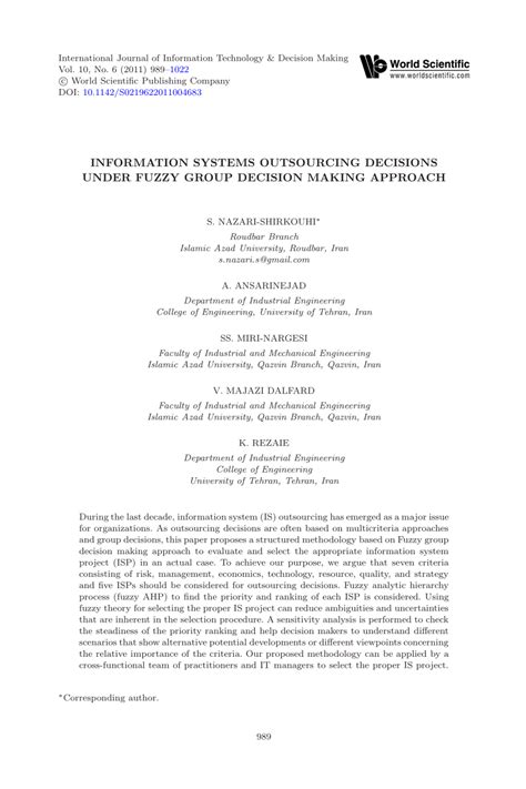 Pdf Information Systems Outsourcing Decisions Under Fuzzy Group Decision Making Approach
