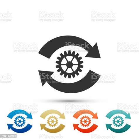 장비와 워크플로우 개념 아이콘 회색 배경에 고립으로 화살표 기어 기호를 다시 로드 합니다 평면 디자인입니다 벡터 일러스트 레이