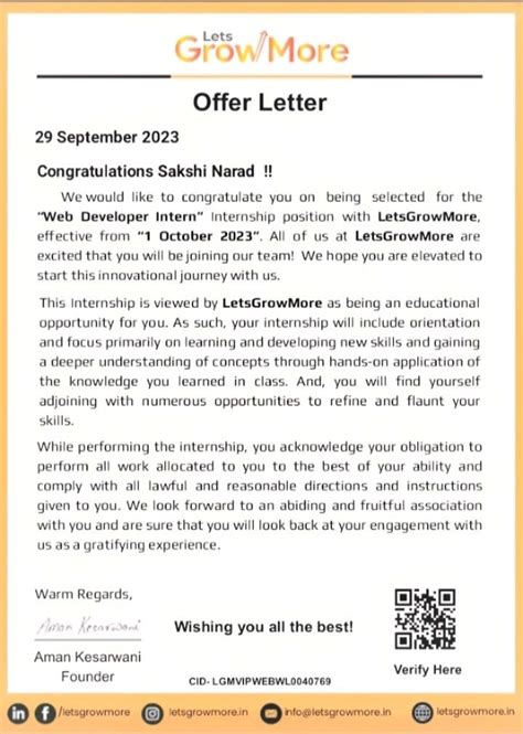 Sakshi Narad On Linkedin Offerletter Webintern Opportunity