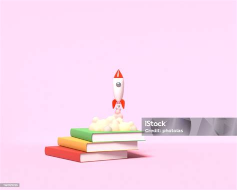 장난감 로켓은 분홍색 배경에 연기를 분출 책에서 벗어난다 교육과 지식에 대한 욕망의 상징 학교 일러스트레이션 3d 렌더링 과학에 대한 스톡 사진 및 기타 이미지 Istock