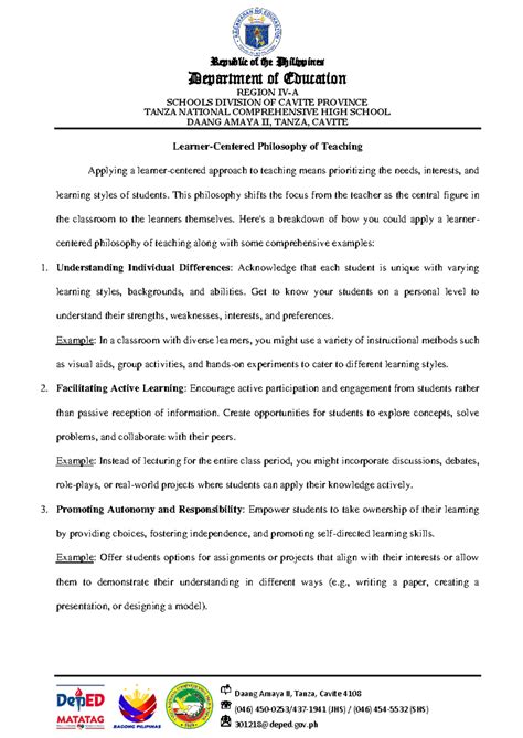 Learner Centered Philosophy Republic Of The Philippines Department Of Education Region Iv A