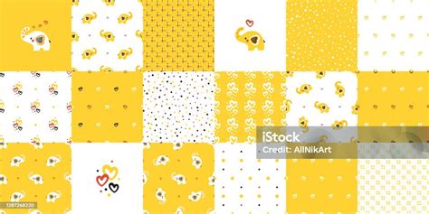 귀여운 아기 코끼리 벡터 는 작은 코끼리 하트 폴카 도트 및 체크 패턴으로 패턴과 인쇄의 원활한 설정합니다 아이들을위한 노란색 배경 생일 또는 베이비 샤워 장식에 적합