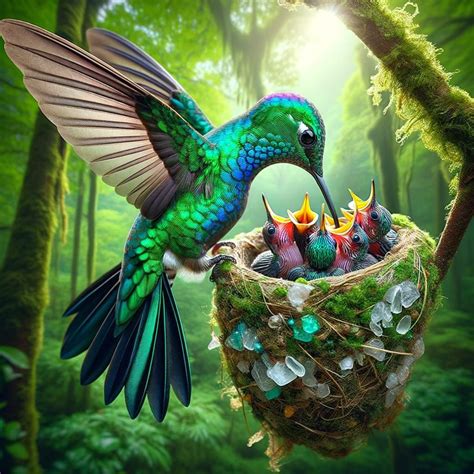 A Hummingbird And Her Babies Hummingbird Mother Feeds Her