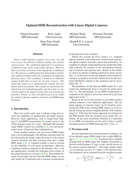 Pdf Optimal Hdr Reconstruction With Linear Digital Cameras