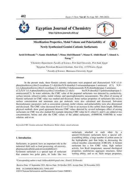 Pdf Micellization Properties Molal Volume And Polarizability Of Newly Synthesized Gemini