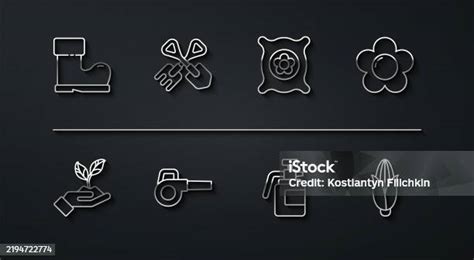 세트 라인 방수 고무 부츠 손에 식물 꽃 비료 정원 분무기 잎 정원 송풍기 삽 갈퀴 옥수수 및 팩 전체 씨앗 식물 아이콘 벡터 갈퀴에 대한 스톡 벡터 아트 및 기타 이미지