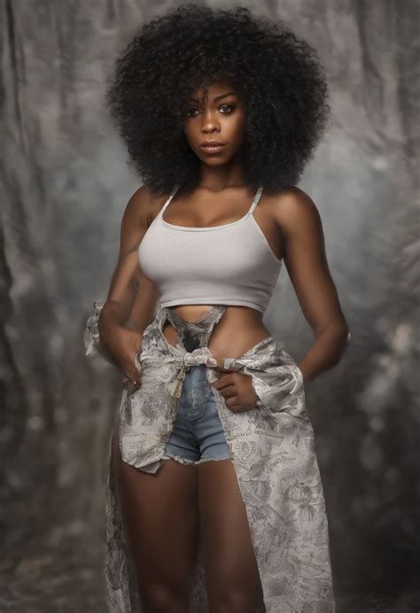 흰색 상의와 청바지 반바지를 입은 아프로 머리 여성 Seaart Ai