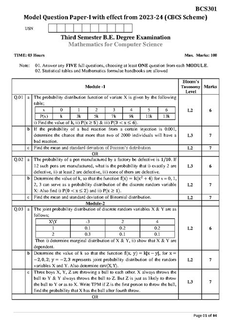 Bcs301 So On Model Question Paper I With Effect From 2023 24 Cbcs Scheme Usn Third