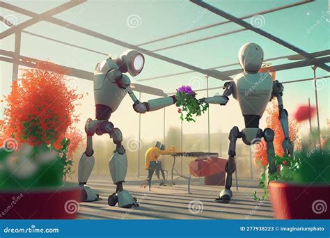 Robots Planting Flowers In Greenhouse Smart Flower Industry With