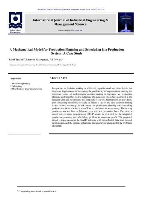Pdf A Mathematical Model For Production Planning And Scheduling In A Production System A Case
