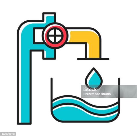물 산업 색상 아이콘입니다 용기에 파란색 투명 액체 파이프 및 밸브 물 공학 음료 생산 서비스 전문 기술 장비 공급 격리 벡터 일러스트레이션 0명에 대한 스톡 벡터 아트 및