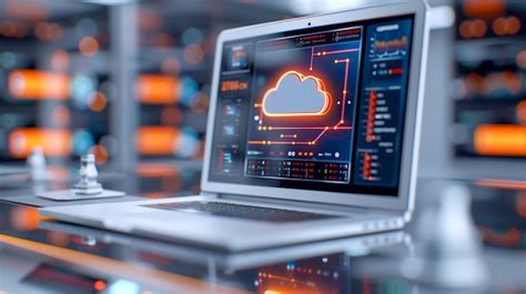 A Laptop Displaying A Cloud Computing Dashboard In A Hightech Environment The Scene Emphasizes