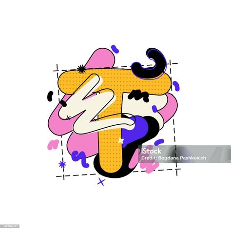 라틴 알파벳 벡터 그림입니다 영문자 T 손으로 그린 모양과 선으로 입력합니다 만화 그래피티 스타일의 장난기 넘치는 편지 개체 그룹에 대한 스톡 벡터 아트 및 기타 이미지