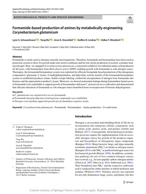 Pdf Formamide Based Production Of Amines By Metabolically Engineering Corynebacterium Glutamicum