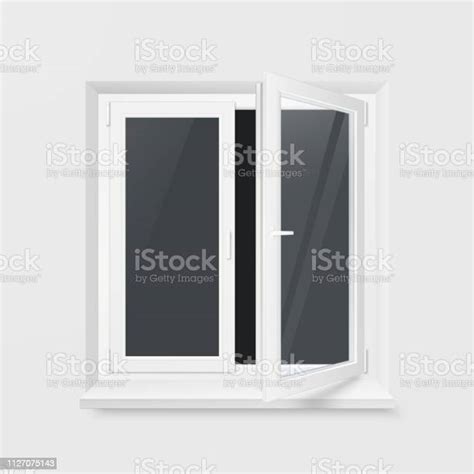 화이트 사무실 플라스틱 창입니다 창 전면 보기 투명 한 유리입니다 벡터 일러스트 레이 션 흰색 배경에 고립 목재 재료에 대한