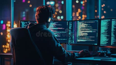 Hacker Identity In Dark Room With Futuristic Tech Setup Stock Illustration Illustration Of