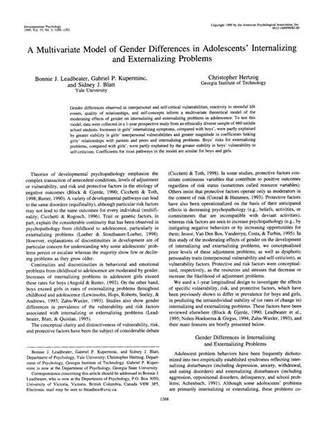 Pdf A Multivariate Model Of Gender Differences In Adolescents Internalizing And Externalizing