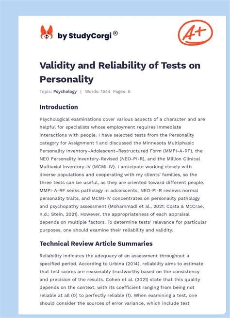 Validity And Reliability Of Tests On Personality Free Essay Example