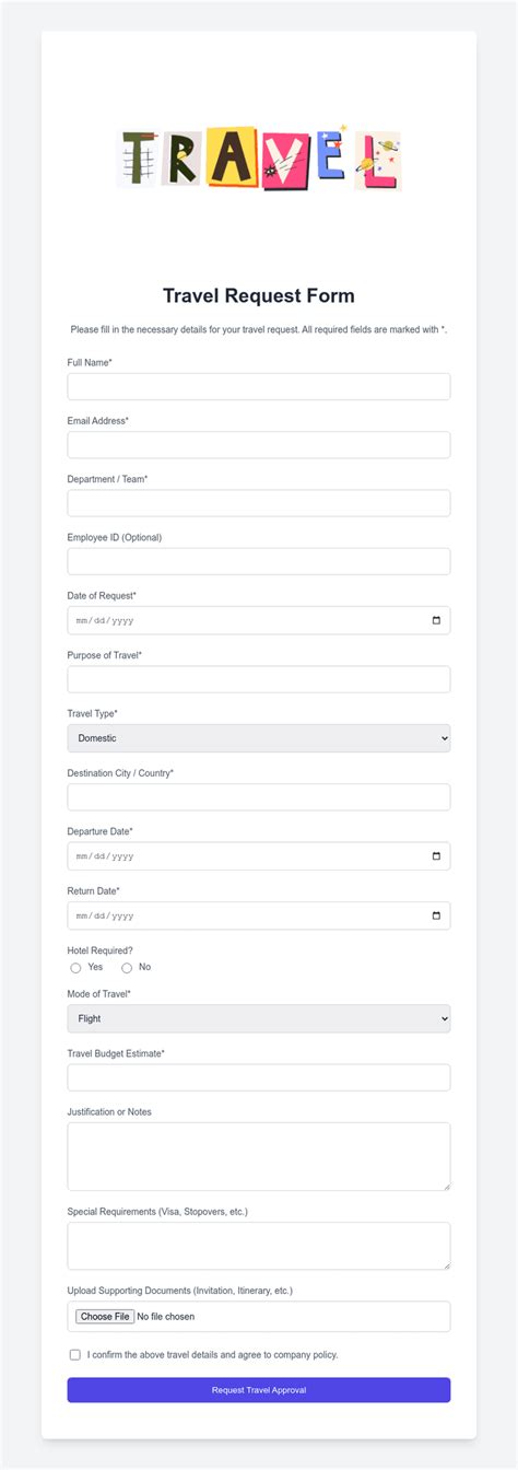 Travel Request Form Template Formbold