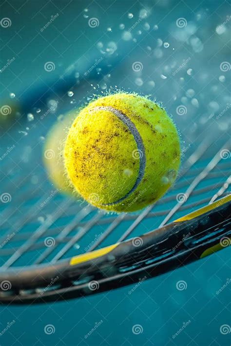 Yellow Tennis Ball Hitting Racket Close Up Detailed View Macro Photography Of Tennis Match And