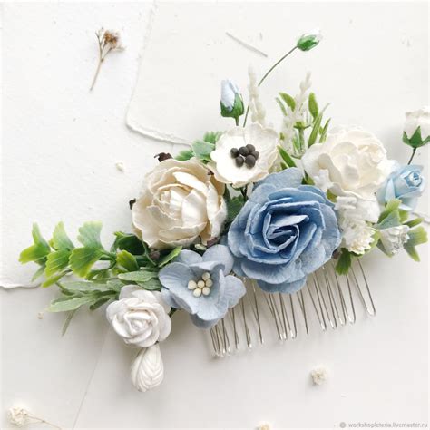 Гребень с голубыми и молочными цветами гребень для невесты Гр 265 купить в интернет магазине