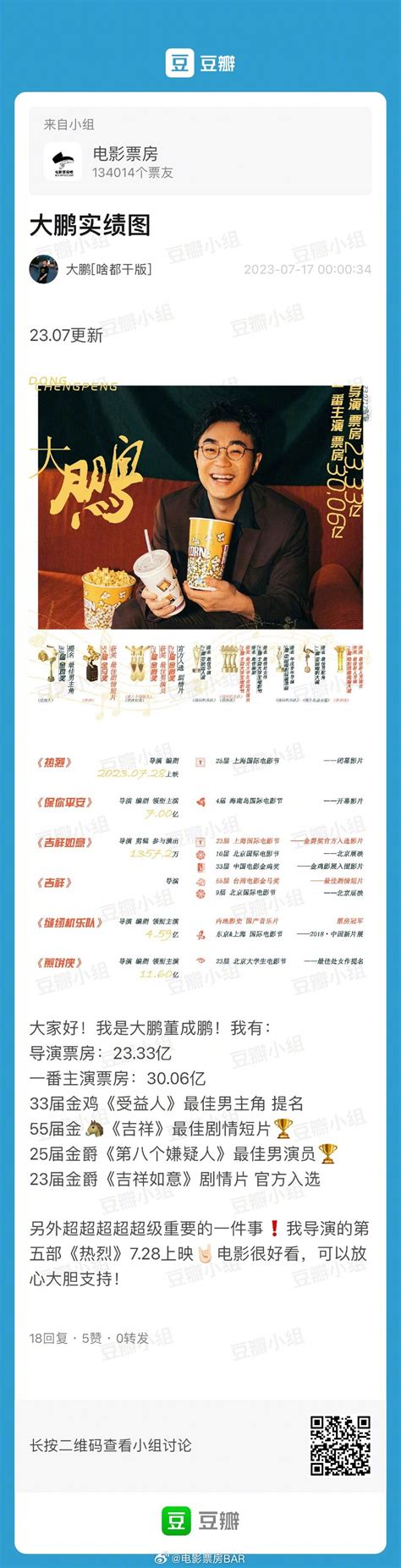 大鹏董成鹏也有实绩图了 导演票房23 33亿 大鹏 票房 受益人 新浪新闻