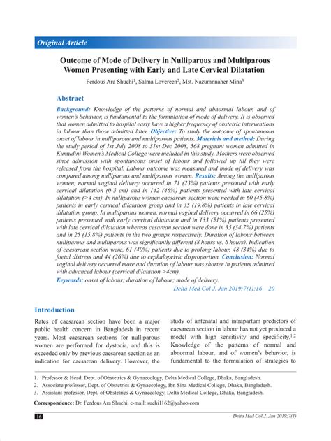 PDF Outcome Of Mode Of Delivery In Nulliparous And Multiparous Women Presenting With Early And