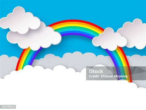무지개입니다 구름과 무지개 종이 아트 종이 접기 스타일 벡터 일러스트 레이 션 0명에 대한 스톡 벡터 아트 및 기타 이미지