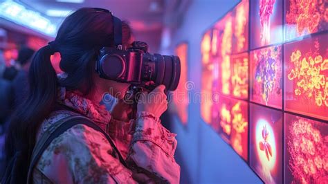 Woman With Camera Captures Colorful Abstract Artwork Stock Illustration